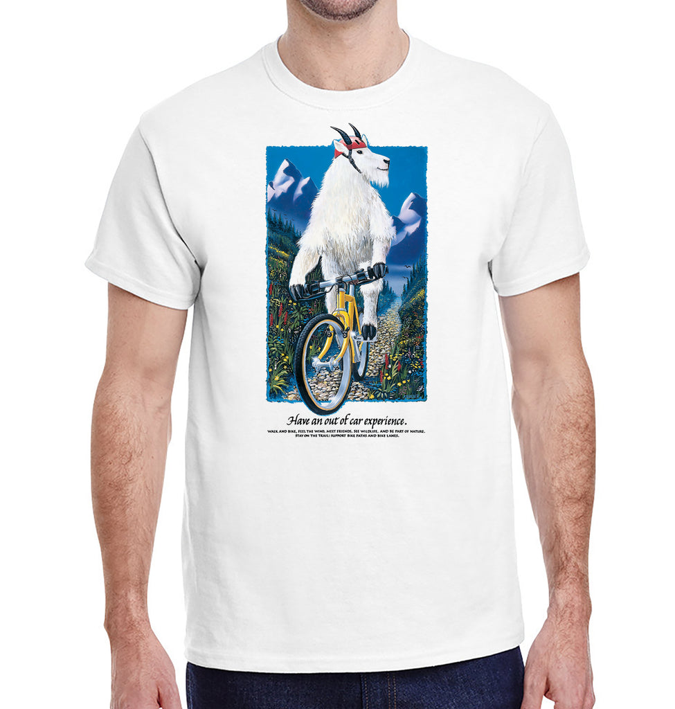 Mountain Goat on a Bicycle T-Shirt – Jim Morris Environmental T-Shirt Co.